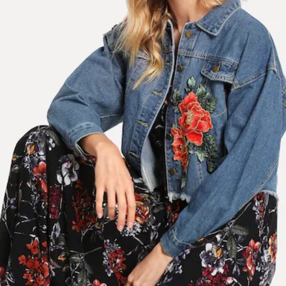 AmourOC | Jackets & Coats | Distressed Rose Embroidered Cropped Denim ...